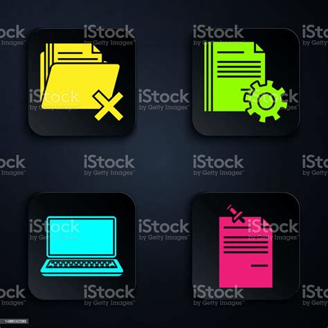 고정된 푸시 버튼으로 메모 용지 폴더 삭제 노트북 및 문서 설정을 기어로 설정합니다 검은색 사각형 버튼입니다 벡터 0명에 대한 스톡 벡터 아트 및 기타 이미지 Istock