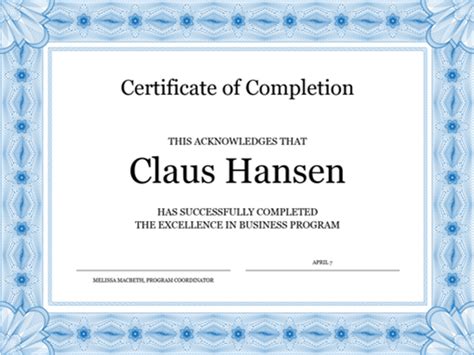 Light Blue Border Certificate Editable MSWORD Document Completion Of