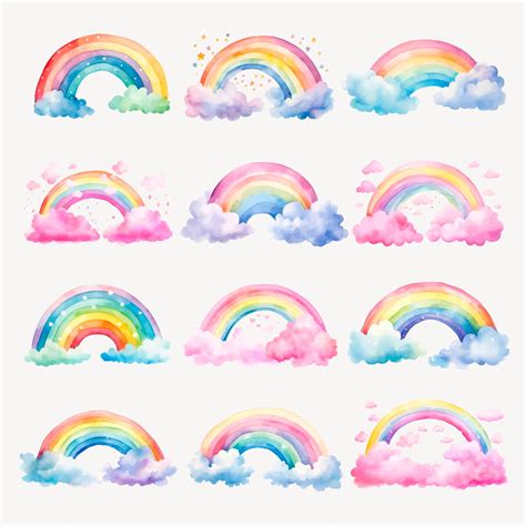 Premium Vector Colorful Watercolor Rainbows With Clouds Vector Set