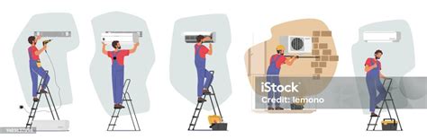 에어컨 시스템 수리 및 설치를 설정하십시오 수리공 설치 검사 및 냉각 장비 수리 에어컨에 대한 스톡 벡터 아트 및 기타 이미지 에어컨 수리 일러스트레이션 Istock