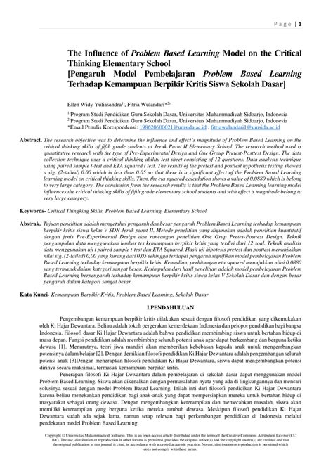 Pdf Influence Of Problem Based Learning Model On The Critical Thinking Elementary School