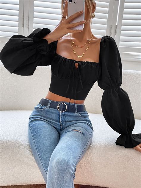 Square Neck Tie Front Flounce Sleeve Crop Blouse Long Sleeve Cropped