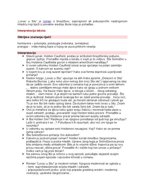 „lovac U žitu” Analiza Pdf