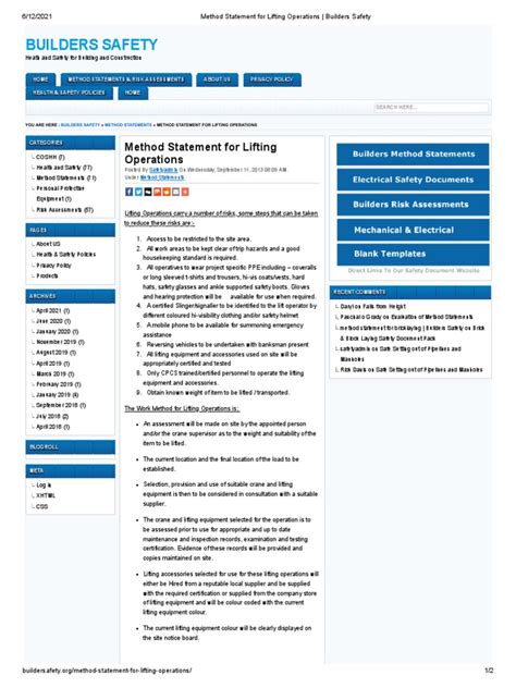 Method Statement For Lifting Operations Builders Safety Pdf