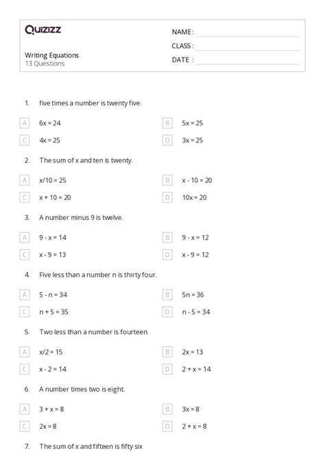 50 Writing Equations Worksheets For 7th Grade On Quizizz Free And Printable