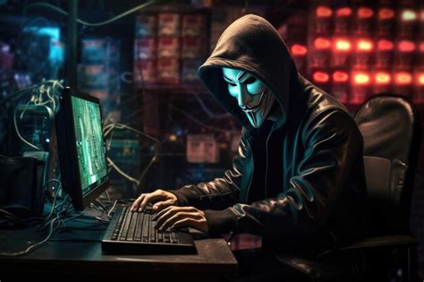 Premium Photo A Hacker Wearing Anonymous Mask And Hacking Pc Ai Generated