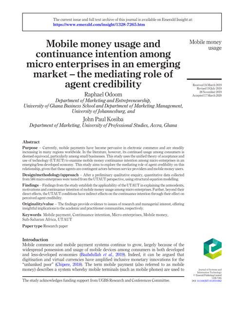 Pdf Mobile Money Usage And Continuance Intention Among Micro Enterprises In An Emerging Market