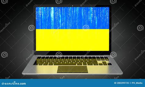 Ukraine Country Flag And Binary Code On Laptop Screen Stock