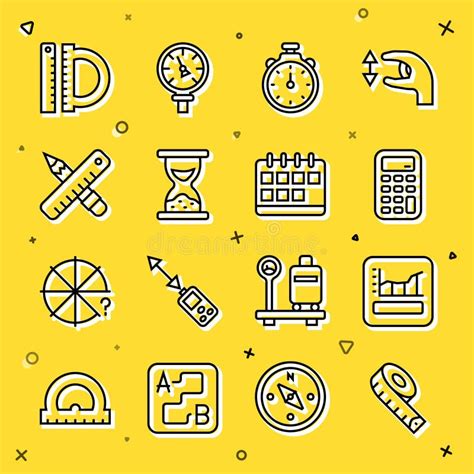 Set Line Measuring Tape Graph Schedule Chart Diagram Calculator Stopwatch Old Hourglass