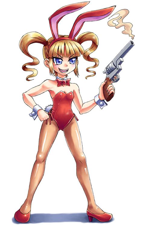Safebooru Animal Ears Blue Eyes Brown Hair Rabbit Ears Bunnysuit Gun