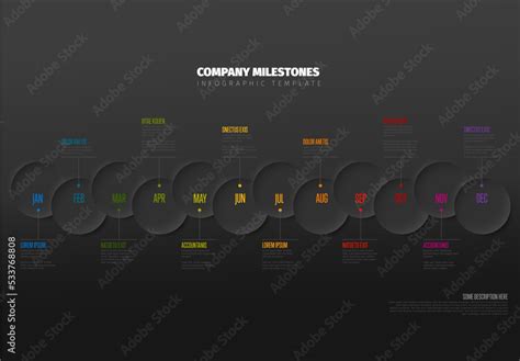 Infographic Full Year Dark Timeline Template With Circle Elements Stock