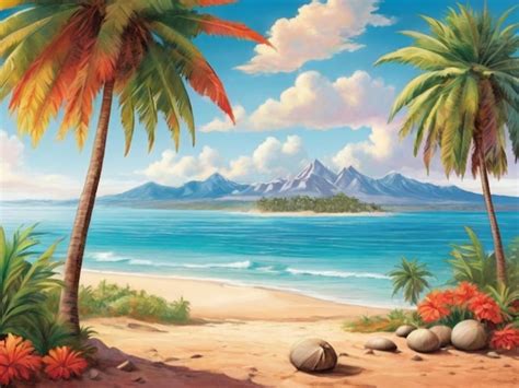 Premium Photo Sandy Beach Palm Trees Coconuts Mountains Black And White