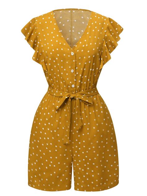 1950s Polka Dots V Neck Belted Romper Retro Stage
