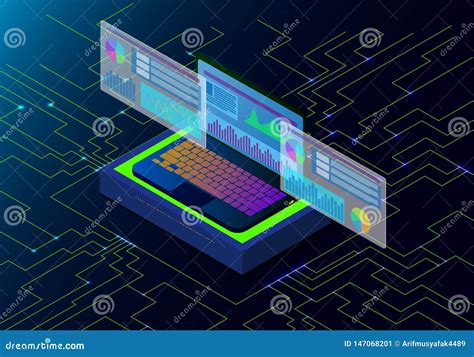 Isometric Laptop Of Data Science And Programming Stock Vector