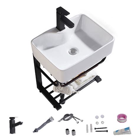 Modern Wall Mount Bathroom Sink Porcelain With Pop Up Drain And Faucet