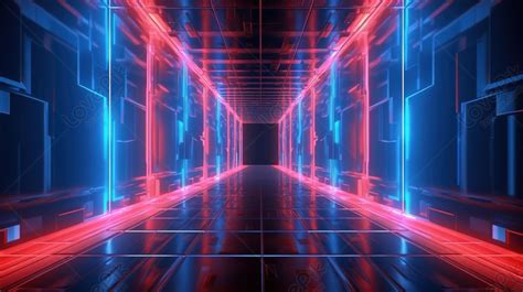 令人驚嘆的 3d 渲染 未來紅色和藍色霓虹燈走廊上的發光冰圖案 藍色渲染 背景 燈 背景 科技燈 背景圖片素材，藍色渲染 燈 科技燈