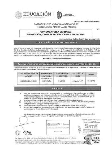 convocatoria cerrada docente CD 004 2023 Tecnológico Nacional de
