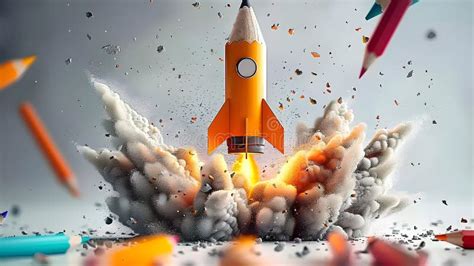 Rocket Launching From Exploding Colorful Pencils In Creative Art Concep Back To School School