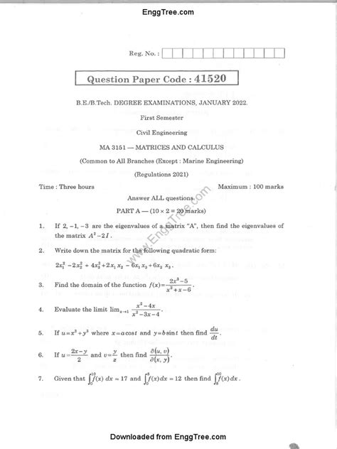 Ma3151 Matrices And Calculus Jan 2022 Question Paper Download Pdf
