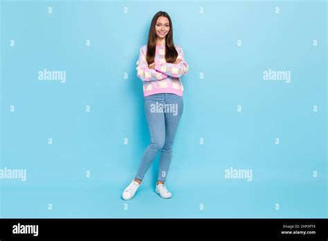 Photo Of Self Assured Girlfriend Crossed Hands Toothy Smile Wear