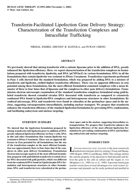 Pdf Transferrin Facilitated Lipofection Gene Delivery Strategy