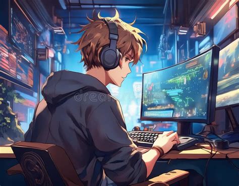 Man Playing Video Games And Coding Software In Anime Style Illustration Stock Image Image Of