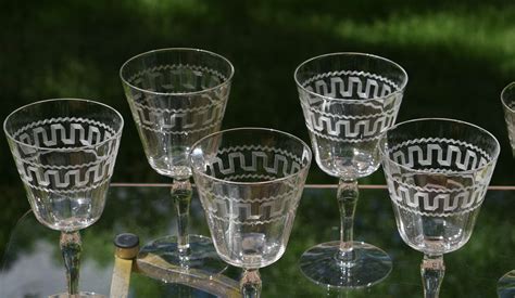 Vintage Needle Etched Wine Glasses Set Of 6 Circa 1930s Antique