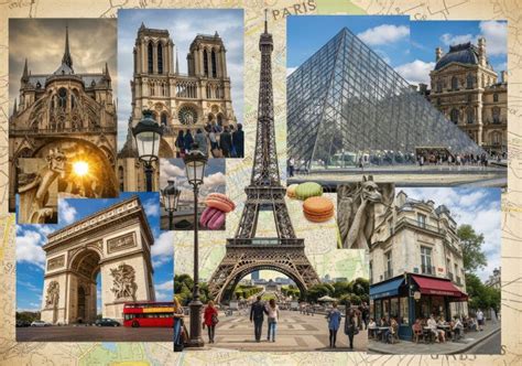 Iconic Paris Collage Featuring Eiffel Tower Arc De Triomphe Notre Dame Parisian Architecture