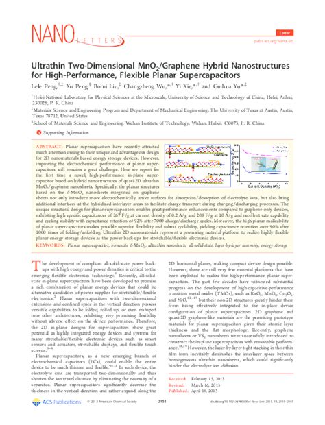 Pdf Ultrathin Two Dimensional Mno 2 Graphene Hybrid Nanostructures For High Performance