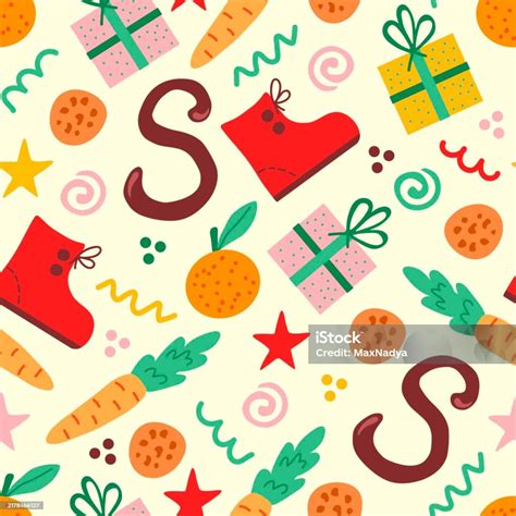 Colorful Seamless Pattern Symbols Of St Nicholas Day Sinterklaas For