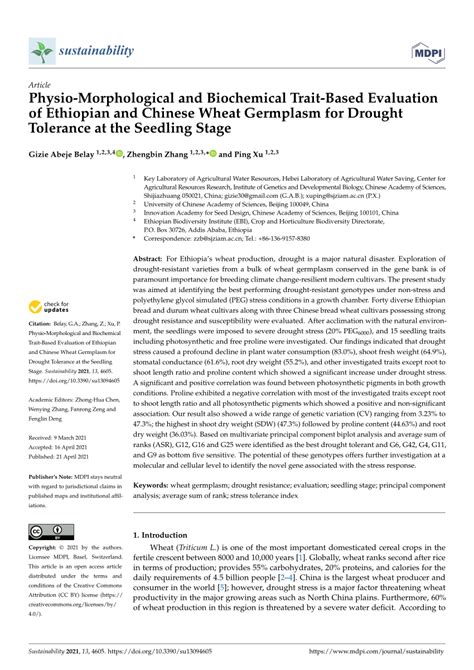 Pdf Physio Morphological And Biochemical Trait Based Evaluation Of Ethiopian And Chinese Wheat