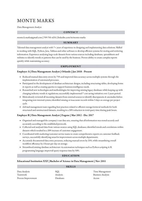 Data Management Analyst Resume Cv Example And Writing Guide
