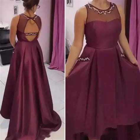 Burgundy High Low Bridesmaid Dresses For Wedding Sheer Neck Sleeveless
