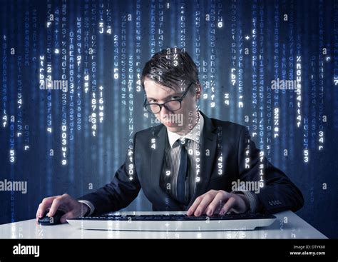 Hacker Decoding Information From Futuristic Network Technology Stock Photo Alamy