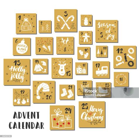 크리스마스 출현 달력입니다 손으로 그린 요소와 숫자입니다 겨울 휴일 캘린더 카드 세트 디자인 벡터 일러스트 레이 션 강림절 달력에 대한 스톡 벡터 아트 및 기타 이미지