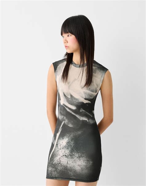 Mini Jurk Met Korte Mouwen En Print Dames Bershka