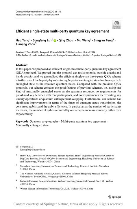 Efficient Single State Multi Party Quantum Key Agreement Request Pdf