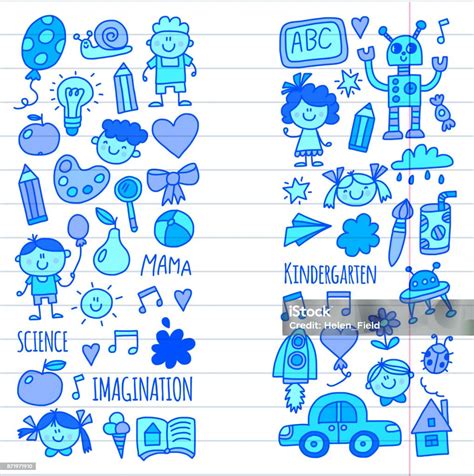 학교 유치원입니다 행복 한 아이 들 창의력 상상력 낙서 아이콘 아이 들과 함께입니다 재생 하 고 연구 하 고 행복 한 학생 과학 성장 하 고 모험 탐험 연구 2 3 살에