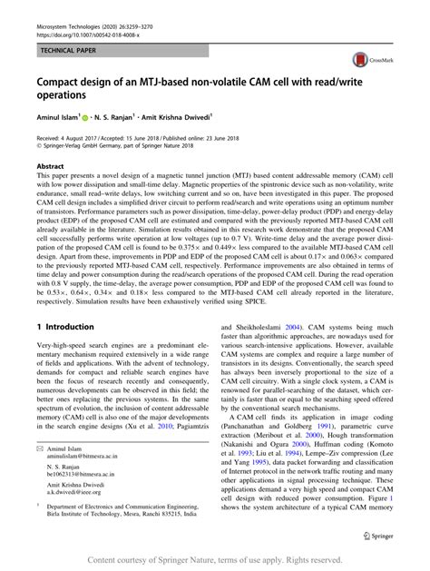 Compact Design Of An MTJ Based Non Volatile CAM Cell With Read Write