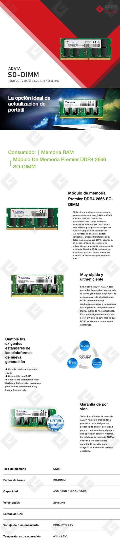 Memoria RAM Adata SO-DIMM 16GB DDR4 2666Mhz - AD4S266616G19-SGN | Core ...