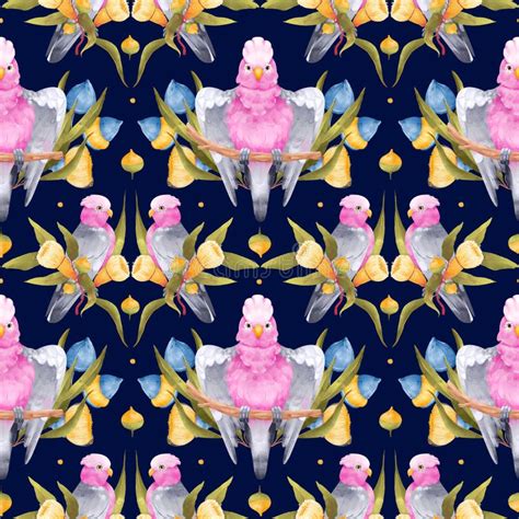Pink Cockatoo Galah Parrot Seamless Pattern With Tropical Eucalyptus