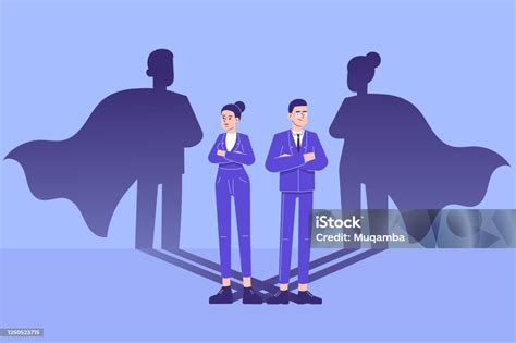사업가 영웅 개념 슈퍼 히어로 그림자로 자신있게 서있는 젊은 기업 사람들 비즈니스에서 리더십 슈퍼 영웅 성공과 야망 성취와 동기 부여 벡터 일러스트레이션 그림자에 대한 스톡