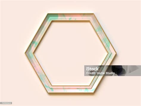 빈 핑크 녹색 텍스처 프레임 추상 최소 기하학적 모양 평면 누워 소프트 핑크 크림 3d 렌더링 육각형에 대한 스톡 사진 및 기타 이미지 Istock