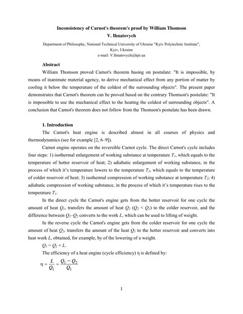 Pdf Inconsistency Of Carnots Theorems Proof By William Thomson