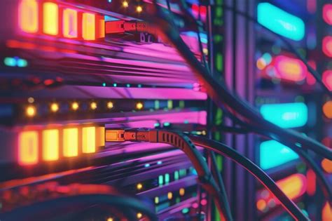 Closeup Of A Server Rack With Glowing Lights And Cables Premium AI Generated Image