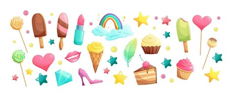 달콤한 만화 사탕과 소녀 요소 아이스크림 립스틱 컵 케이크 입술 심장 크리스탈 롤리팝 무지개 벡터 그림입니다 개체 그룹에 대한