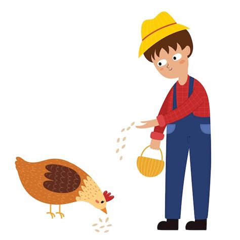 Chico Lindo Alimentando Una Gallina Pequeño Granjero Y Un Pollo Picoteando Granos Vector Premium