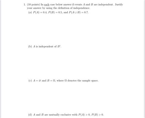 Solved 1 10 Points In Each Case Below Answer If Events A Chegg Com