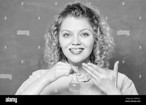 Parfume Making Chemistry Research Results Girl Hold Chemical Flask With Liquid Biology