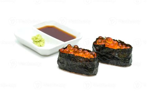 Rolled Sushi Of Salmon Roe Nigiri With Japanese Wasabi Sauce Isolated